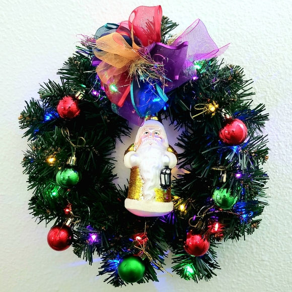 Hand Crafted | Holiday | Gold Glass Santa Ornament Ribbon Glitter Led ...
